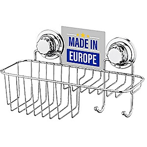 EDNA HOME Shower Organizer with Vacuum Suction Cups, Shower Caddy with 2 Levels, Rustproof Chrome Storage Basket, Bathroom Holder for Soap, Shampoo, Gel, Conditioner, Made in Europe