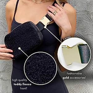 Boutique Fleece Belt Bag | Sherpa Crossbody Bag Fanny Pack for Women Fashionable | Cute Mini Everywhere Bum Hip Waist Pack | Small Fashion Travel Chest Bag | Gold Accessories | Adjustable Small Strap | Black
