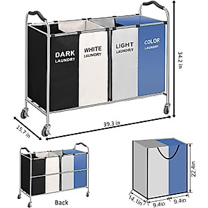Foldable Laundry Basket Assorted Bags,320L 4 Bag Laundry Sorter Cart 16 X 30 X 40 inch Heavy Duty Laundry Cart with Wheels Laundry Organizer Basket Clothes Separator Hamper