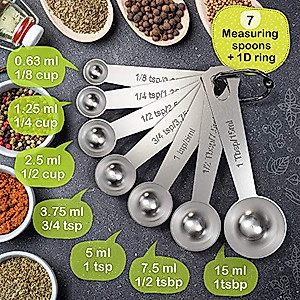 Stainless Steel Measuring Cups and Spoons Set of 16 Pieces — 7 Nesting Cups and 7 Stackable Spoons + 2 D Rings — Professional Portable and Sturdy Metal Measuring Set for Liquid Wet and Dry Ingredients