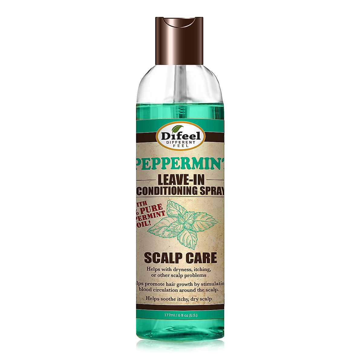 Difeel Scalp Care Leave in Conditioning Treatment - Peppermint Oil 6 oz. with Spray Cap & Dispensing Cap