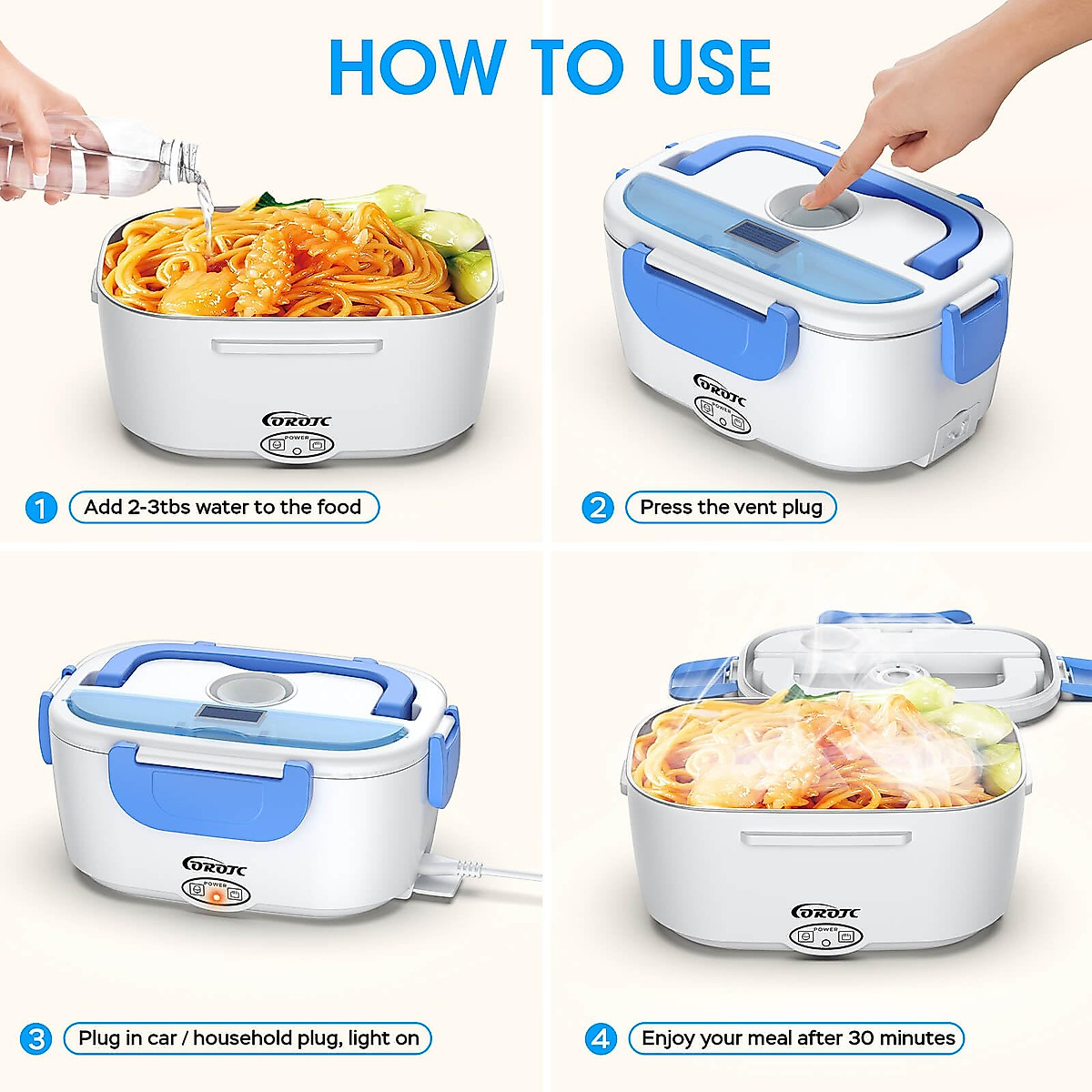 COROTC 60W Electric Lunch Box, 12V/24V/110V 3 In 1 Leak Proof Food Warmer Lunch Box For Car/Truck/Home/Office, 1.5L Portable Food Warmer With 304 Stainless Steel Tray, Fork, Spoon, Compartment