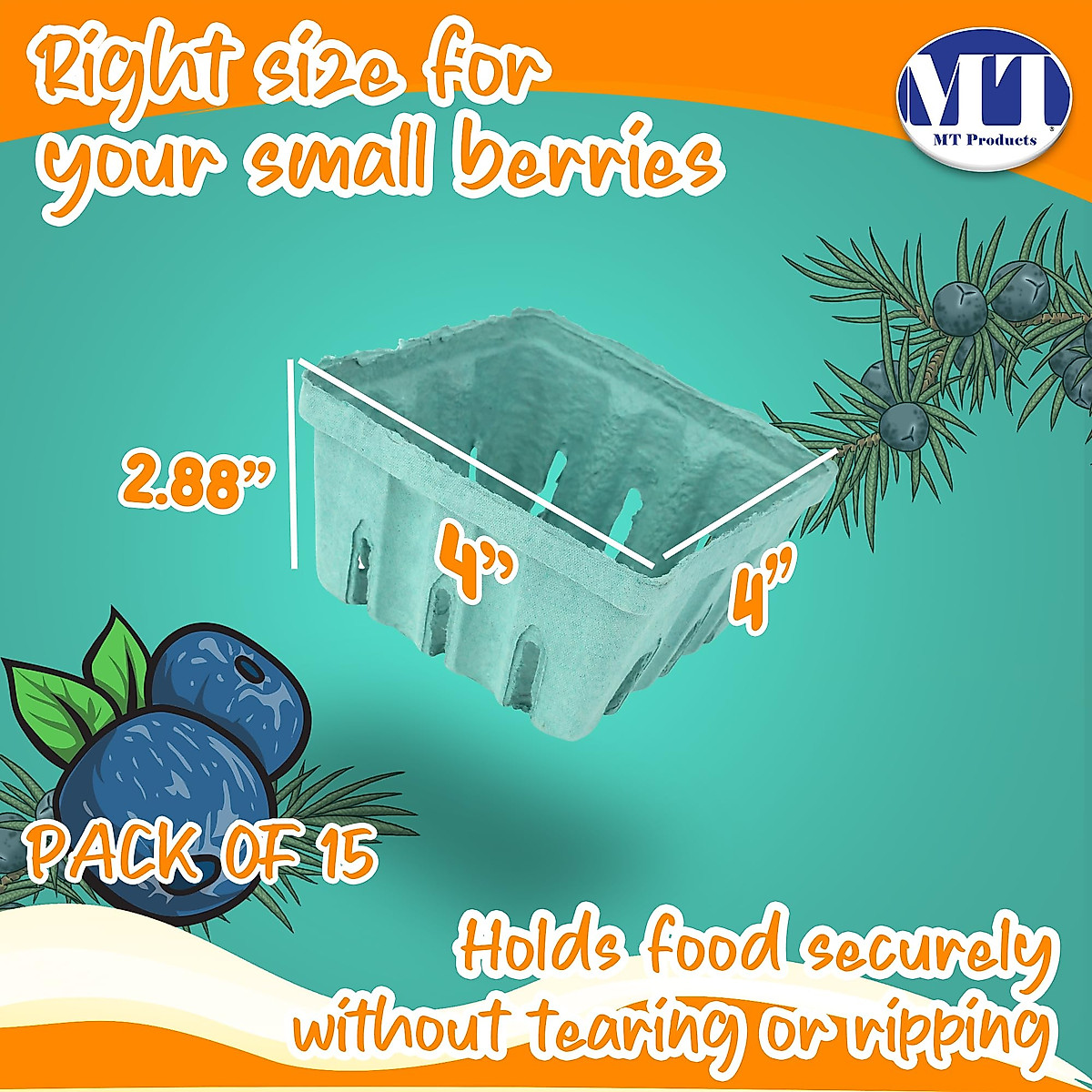 MT Products Green Berry Basket 1 Pint - Molded Pulp Fiber Vented Produce Basket (Pack of 15) - Made in the USA