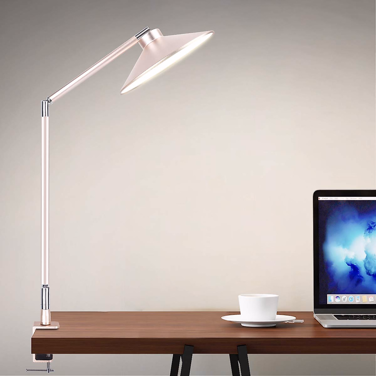 Wellwerks Swing Arm Desk Lamp, 12W Eye-Caring LED Desk Lamp with Clamp, Dimmable Desk Light with Timer and Memory Function, 3 Color Modes, Modern Architect Table Lamp for Task Study (Pink)