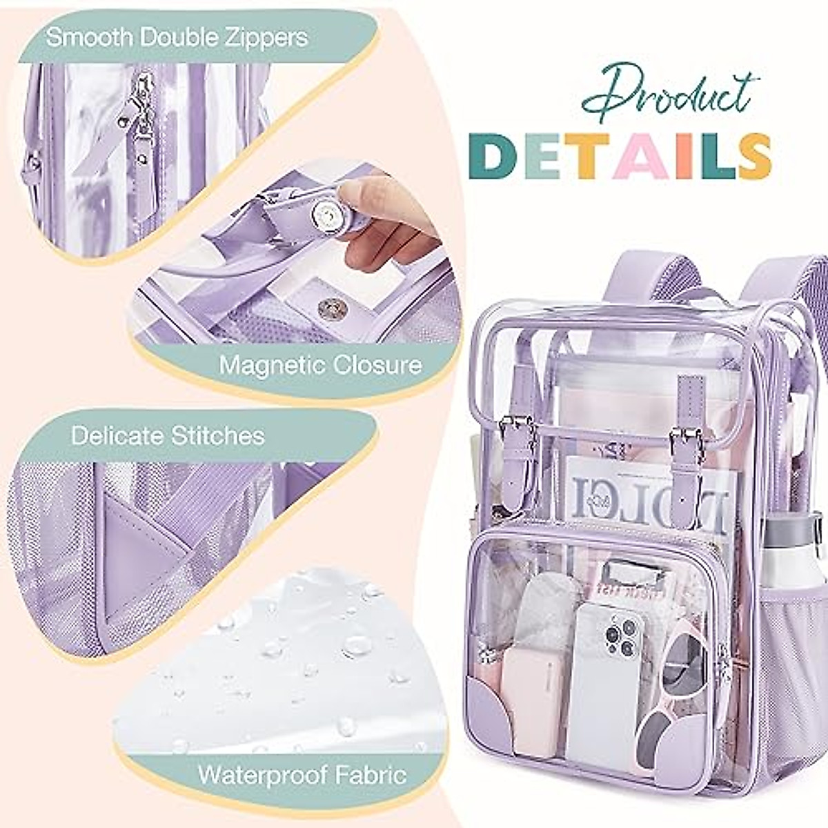 mommore Clear Backpack Heavy Duty Thick PVC Transparent Backpack with Leather Trim Large Capacity See Through Backpack for Work, Stadium