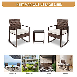 YIYAN 3 Pieces Rocking Bistro Set,Outdoor Rocking Chair Furniture Set,PE Wicker Outdoor Rocker Chair with Coffee Table & Washable Cushion(White)