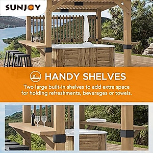 Sunjoy Wooden Grill Gazebo 10 ft. x 11 ft. Outdoor Cedar Frame BBQ Pergola for Backyard and Hot Tub With Privacy Screen and Large Bar Shelves