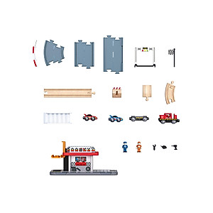 Hape Race Track Station Wooden Realistic Kids Race Track Toy with Two Race Cars, Carriages & Repair Station L: 25.2, W: 4.7, H: 23.6 inch
