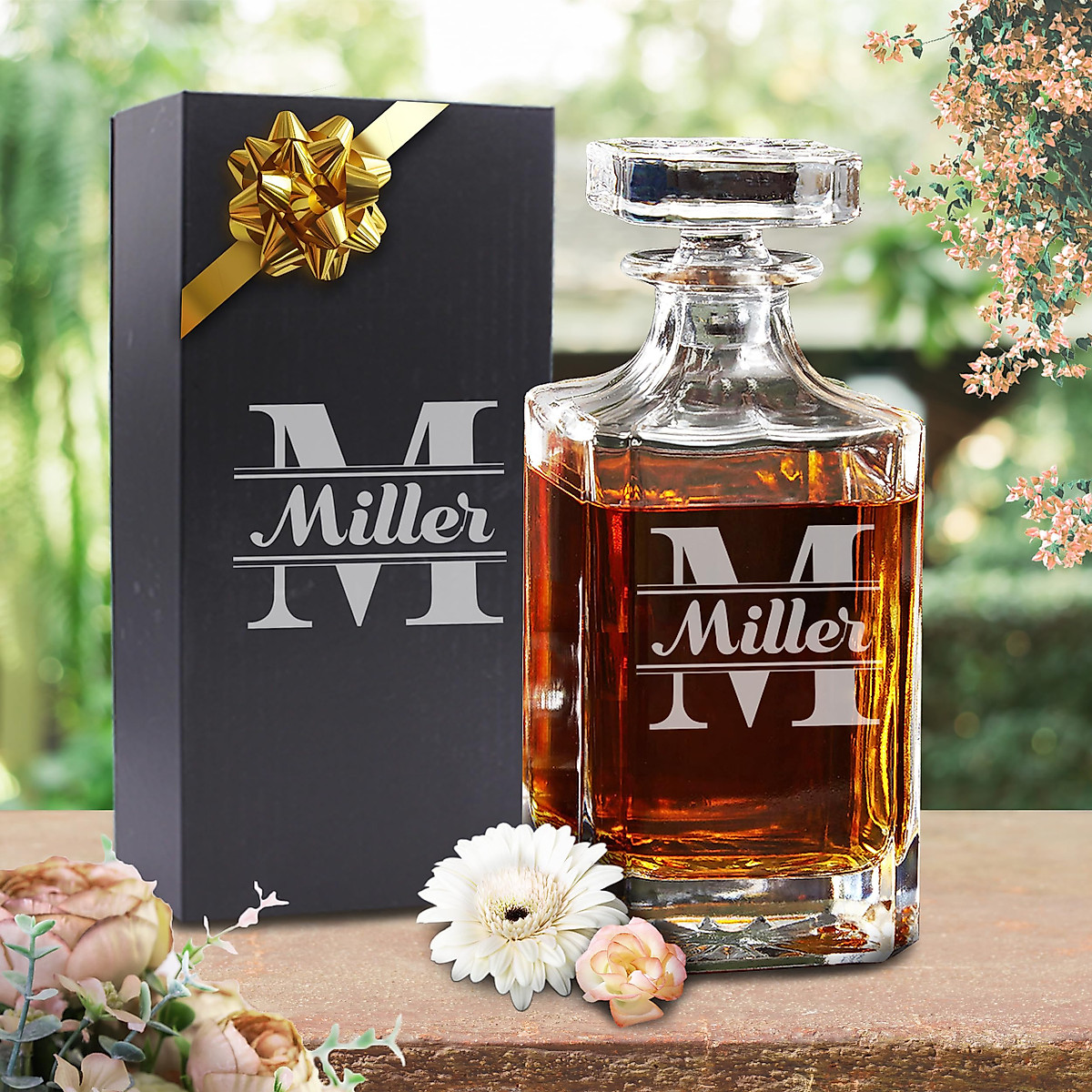 The Wedding Party Store Custom Personalized 26 oz Glass Whiskey Decanter with Lid and Stopper - Engraved with Name (Original Design)