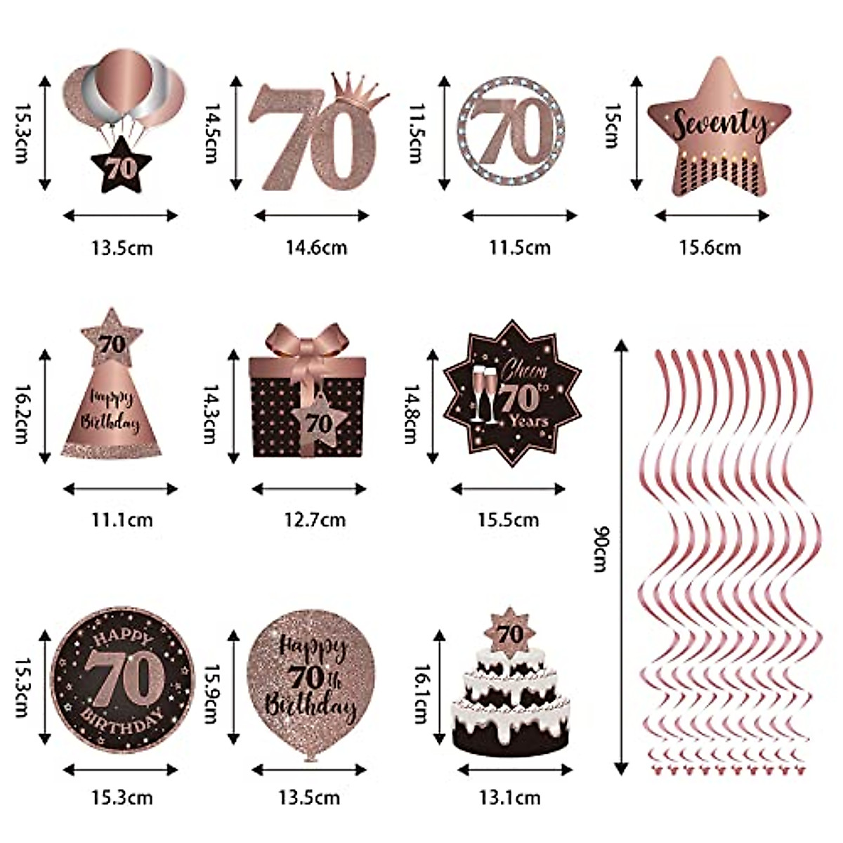 Happy 70th Birthday Party Hanging Swirls Streams Ceiling Decorations, Celebration 70 Foil Hanging Swirls with Cutouts for 70 Years Old Rose Gold Birthday Party Decorations Supplies