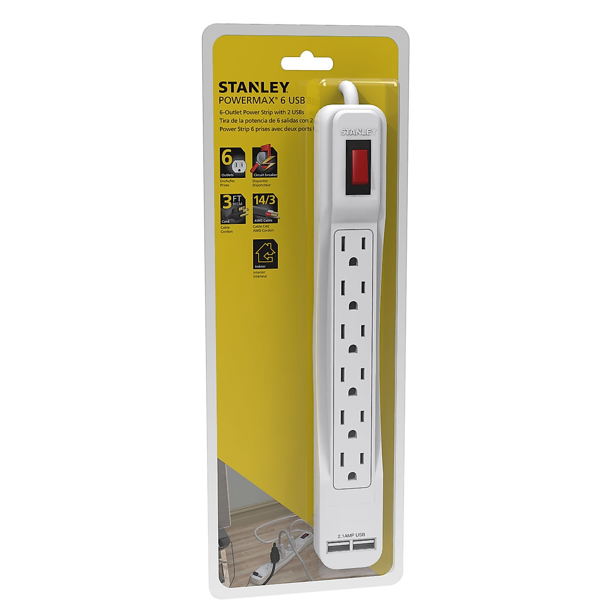 Stanley PowerMax 6-Outlet Power Strip with USB- 30024; 3 ft Heavy Duty Extension Cord, White