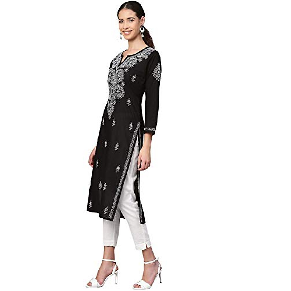 Ada Indian Hand Embroidered Women's Chikankari Black Cotton Kurta Kurti Tunic A197536 (4X-Large)