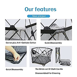Abon Babies 6 Panel Play Pen Playard for Infants Portable Indoor and Out Door Washable Easy Assemble Play Activity Area with Mat and Carrying Bag for 1-6 Age 53" Wx 30" H(Grey