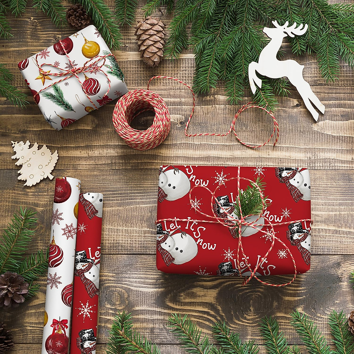 Horaldaily 19.7 x 27.5 Inch Christmas Wrapping Paper(12 Sheets: 42.5 sq. ft. ttl.), Red Christmas Trees Ball Ornaments Snowman Snow Disposable Wrapping Paper for Party DIY Crafts Gift Decor
