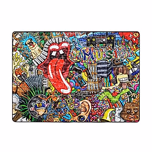 Modern Aesthetic Area Rugs 5x7 Feet, Colorful Graffiti Music Art Abstract Extra Large Soft Flannel Carpet 58"X80" Anti-Skid Doormat Floor Rugs Mat Pad for Bedroom Kitchen Nursery Office