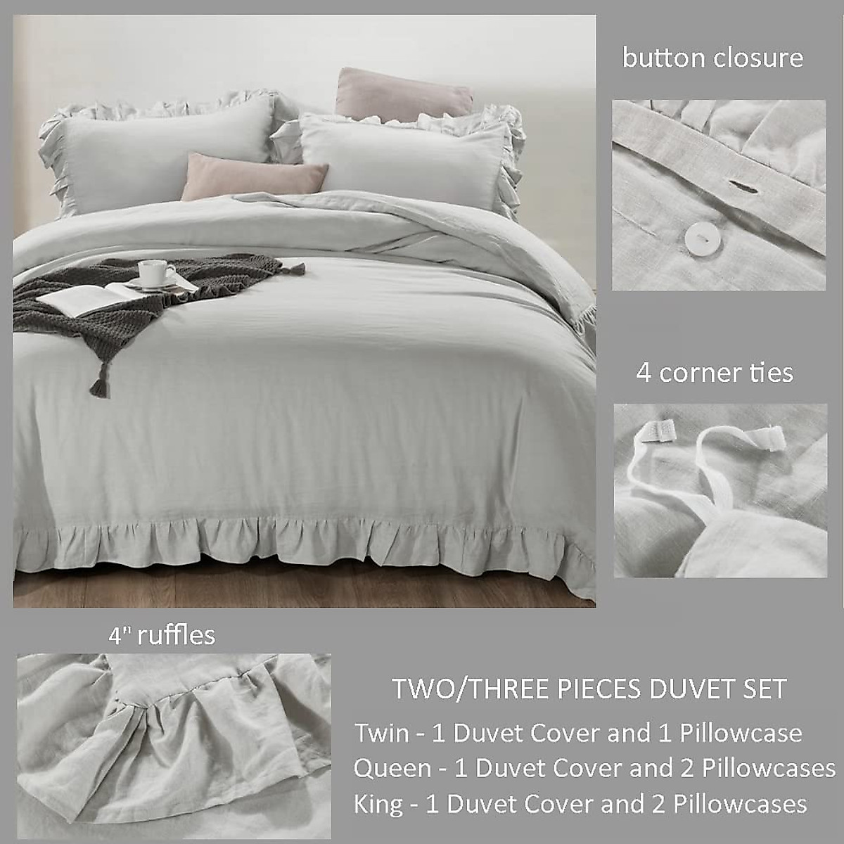 meadow park 100% Stone Washed French Linen Duvet Cover Set 3 Pieces - Super Soft,King 104 inches x 92 inches - Shams 20 inches x 36 inches, Ruffled Style - Button Closure - Corner Ties, Light Grey