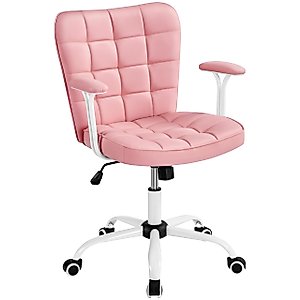 Yaheetech Mid Back Faux Leather Office Chair Adjustable Tilting Vanity Chair Modern Upholstered Desk Chair Task Chair with Detachable Padded Armrests for Home/Office,Pink