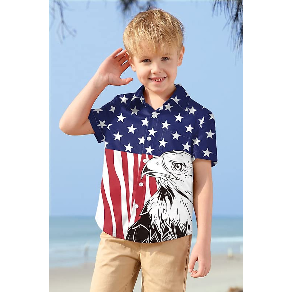 BesserBay Kids Boys Patriotic 4th of July Eagle Shirt American Flag Hawaiian Button Down Tshirt 9-10 Years
