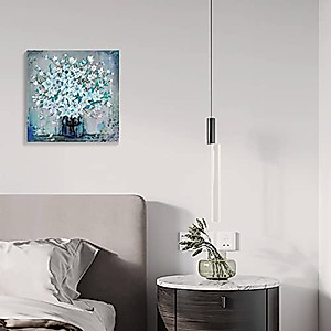 Canvas Wall Art for Living Room Bedroom Bathroom Framed Paintings Modern Farmhouse Blue Flower Wall Decor Picture Artwork for Home Prints Size 14x14