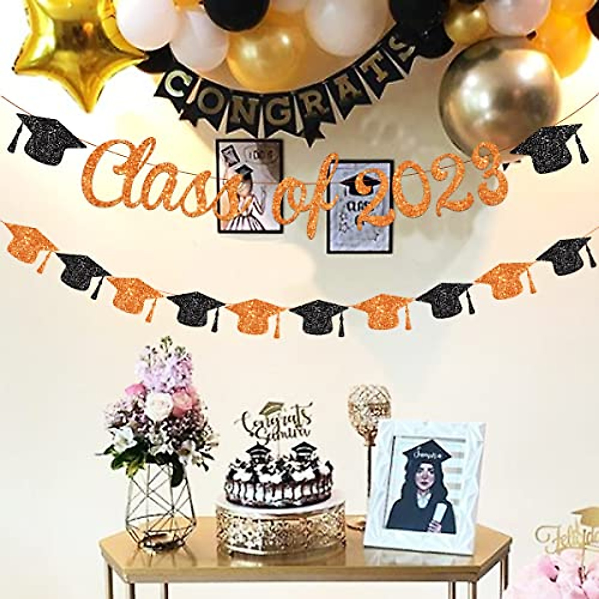 Class of 2023 Banner Orange 2023 Graduation Decorations Orange and Black Bachelor Cap Garland for Congrats Grad Party Supplies Graduation Theme Party Decor