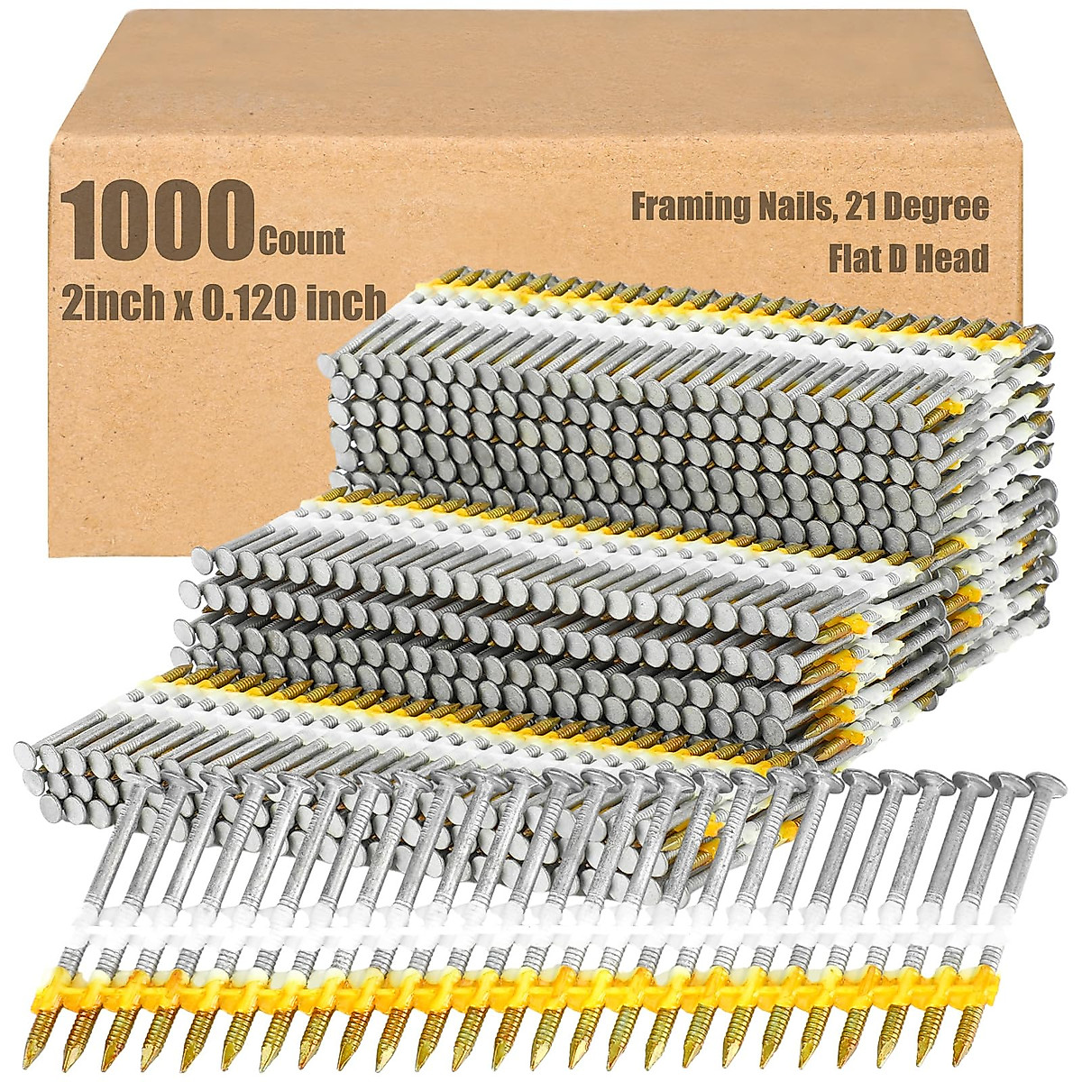 Therwen Framing Nails, 21 Degree, Flat D Head, Galvanized, Ring Shank, Plastic Row Fixed, 21 Degree Framing Nails for Use in All Pressure Treated Lumber (1000 Count,2 Inch x 0.12 Inch)