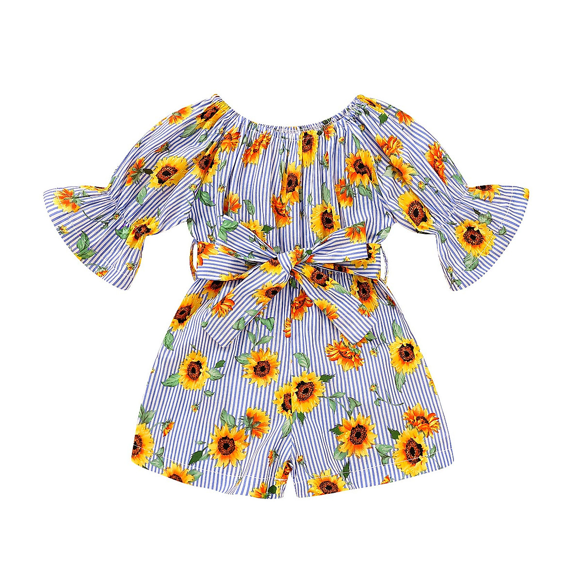 YOUNGER TREE Kids Toddler Baby Girls Summer Outfit Off-Shoulder Sunflower Overall Romper Jumpsuit Short Trousers Clothes (Sunflower, 18-24 Months)