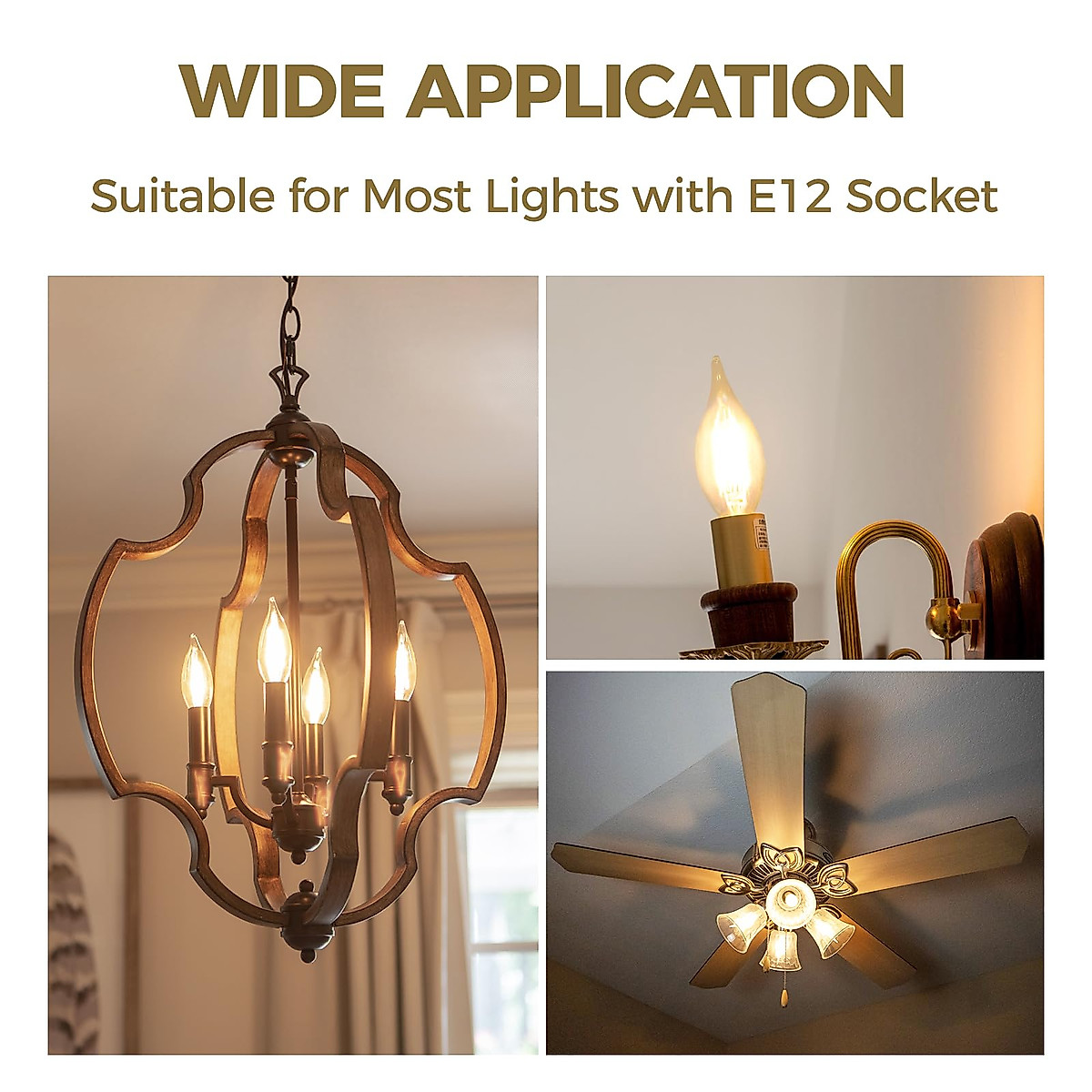 Hizashi E12 Candelabra Bulb 60 watt Equivalent, 2700K Soft Warm White, Dimmable Chandelier Light Bulbs, 90+ CRI 6W 550LM, CA11 Flame Tip E12 LED Candle Bulb, UL Listed,12 Pack