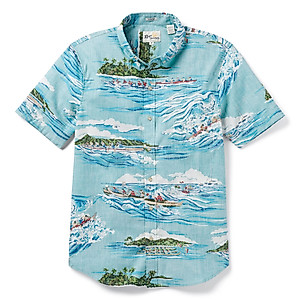 Reyn Spooner Men's Heihei Wa'a Tailored Button Front Oceanic Hawaiian Aloha Shirt, Turq Sea, XL