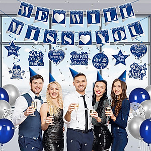 Blue Farewell Party Decorations Navy Blue Silver We Will Miss You Banner and 14Pcs Good Luck Hanging Swirls for Retirement Farewell Going Away Graduation Office Job Change Goodbye Party Supplies Decor