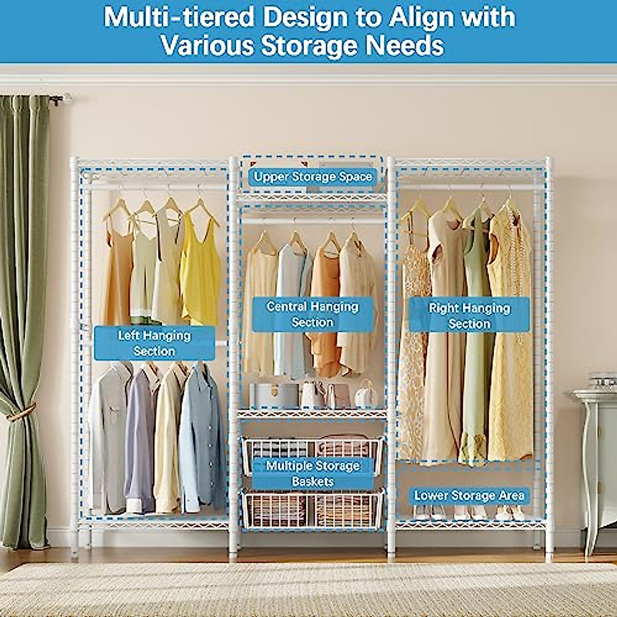 VIPEK V10i Garment Rack Heavy Duty Clothes Rack, Freestanding Closet Rack for Hanging Clothes Large Wardrobe Metal Clothing Rack with 2 Slid Storage Baskets, 68.2" L x 15.7" W x 70.5" H, White