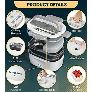 Travelisimo Electric Lunch Box Food Heater High Power 60W, 3 in 1 Portable Heated Lunch Box for Adults for Car Truck & Work 12V 24V 110V, Loncheras Electricas para Calentar Almuerzo