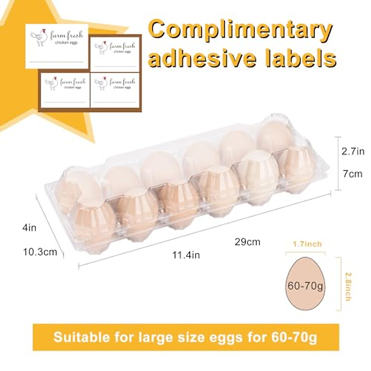 Gorander Clear Plastic Egg Carton for 12 Eggs,100 Packs Egg Tray Reusable Large Size Egg Cartons with Labels Perfect for Refrigerator Chicken Farm Markets（Large size）