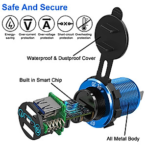 OCTODER 12V USB Outlet, 30W USB C & 30W Dual QC 3.0 USB A Port, Quick Charge 12V 24V USB C Outlet with Touch Switch, Waterproof Charger Socket for Car RV Boat Marine Motorcycle Truck Golf Cart