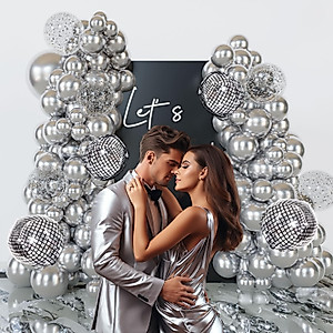 Disco Ball decorations 124Pcs Silver balloon Garland Metallic Silver Confetti balloon arch kit Chrome silver balloon for Disco party 50th 60th Birthday Graduation Galaxy Alien Party