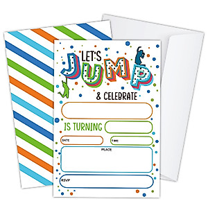 Jump Trampoline Party Birthday Invitations, Bounce House Party Invitations for Boys Girls Kids, Jumping Party Invitations, Jump Party Invites (20 Sets 4" x 6" Cards with Envelopes) - JY552