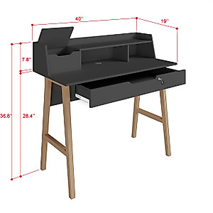 Modern Design Roma Small Desk for Bedroom, 40 inch Black Writing Desk with Hutch and Locking Drawer, by Crafts and Comfort