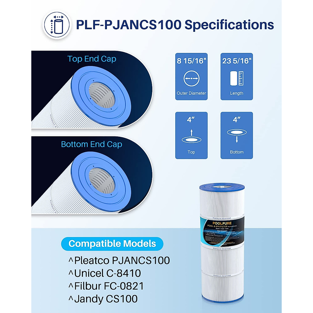 POOLPURE PLFPJANCS100 Pool Filter Replaces Jandy CS100, R0462200, PJANCS100, Ultral-B2, Porpoise PP-B2, Unicel C-8410, Filbur FC-0821, 1 Pack