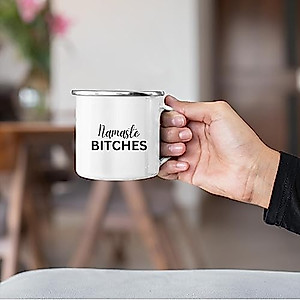 Namaste Bitches Yoga Humor Gift for Yoga Lovers 12oz Enamel Silver Mug