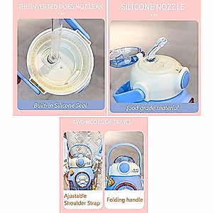 28 oz Kawaii Water Bottle for Girls, Cute Water Bottles with Straw and Shoulder Strap, Large Capacity Portable Summer Leak Proof Water Bottle for Kids,820ML (Blue)