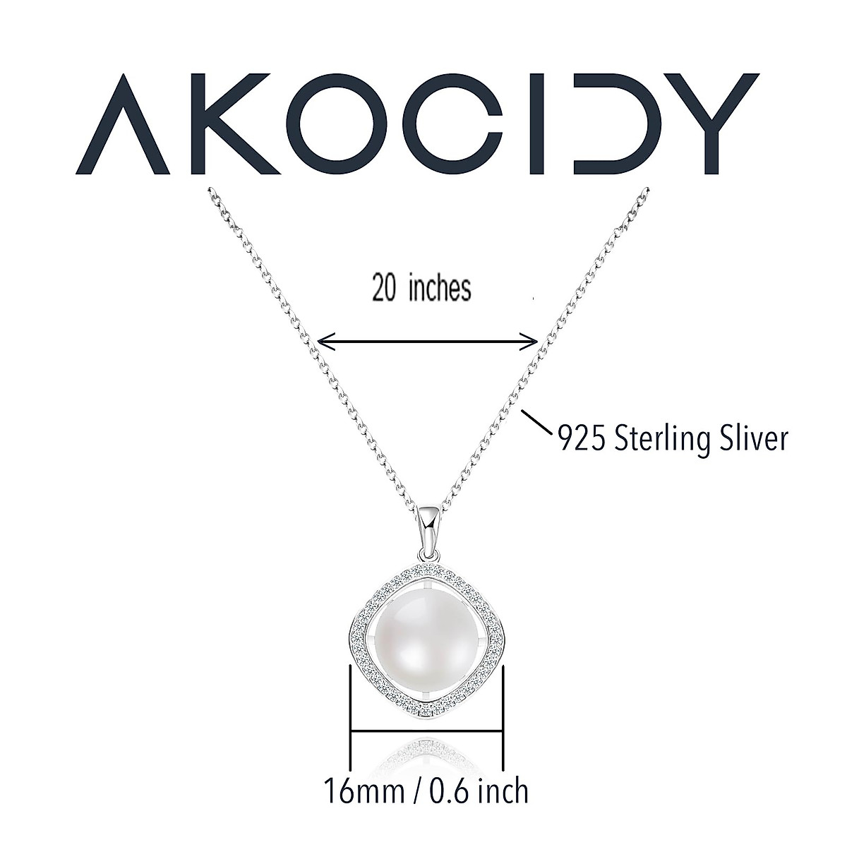 925 Sterling Silver Pearl Pendant Necklace | Freshwater Cultured White 9.5-10mm Real Pearl with Cubic Zirconia for Girl&Women-AKOCIDY