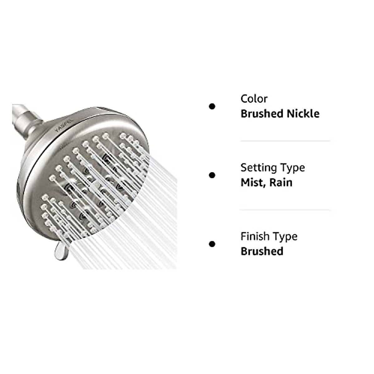 YASFEL Shower Head High Pressure 5" Fixed Shower Head 5 Settings 2.5 GPM Bathroom Adjustable High Flow Shower Head with 360°Brass Ball Joint (Brushed Nickel 2.5GPM)