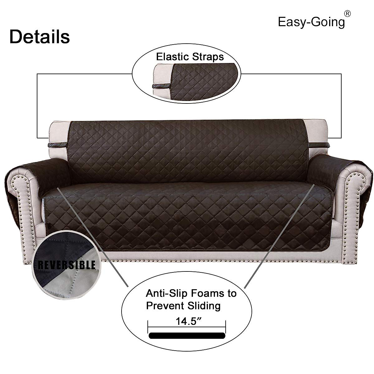Easy-Going Reversible Loveseat Couch Cover for 2 Cushion Couch Sofa Cover for Dogs Water Resistant Furniture Protector with Foam Sticks Elastic Straps for Pet (Loveseat, Chocolate/Beige)