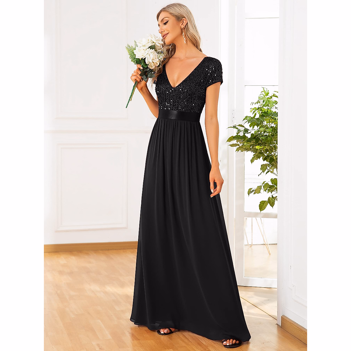 Ever-Pretty Women's Sequin V-Neck line Short Sleeves Empire Waist Maxi Evening Dress Formal Dress Black US12