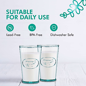 Amici Home Milk Glass | 11 Oz | Italian Made, Clear Recycled Glass with Green Tint | Cute Glass with Cow Motif for Milk, Water, Juice, Cocktails, Fresh Drinks (Set of 4)