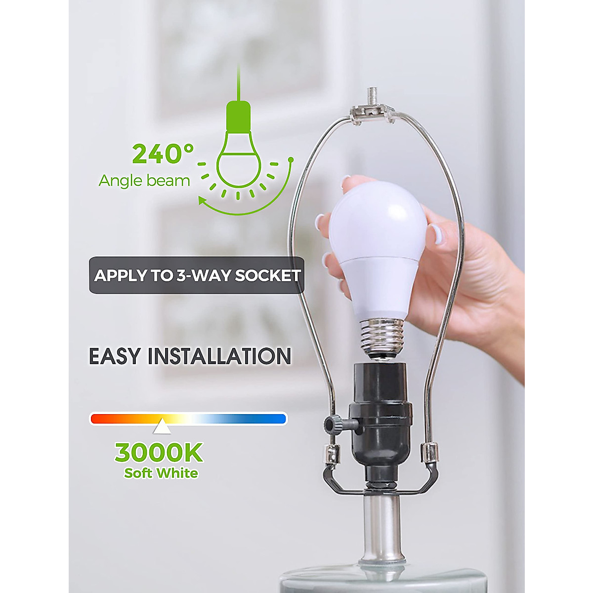 LOHAS 3 Way LED Light Bulbs 50/100/150W Equivalent, 3-Way LED Bulbs Soft White 3000K, Dimmable A19 LED Light Bulb E26 Base for Bedroom, Kitchen, Living Room, 2 Pack