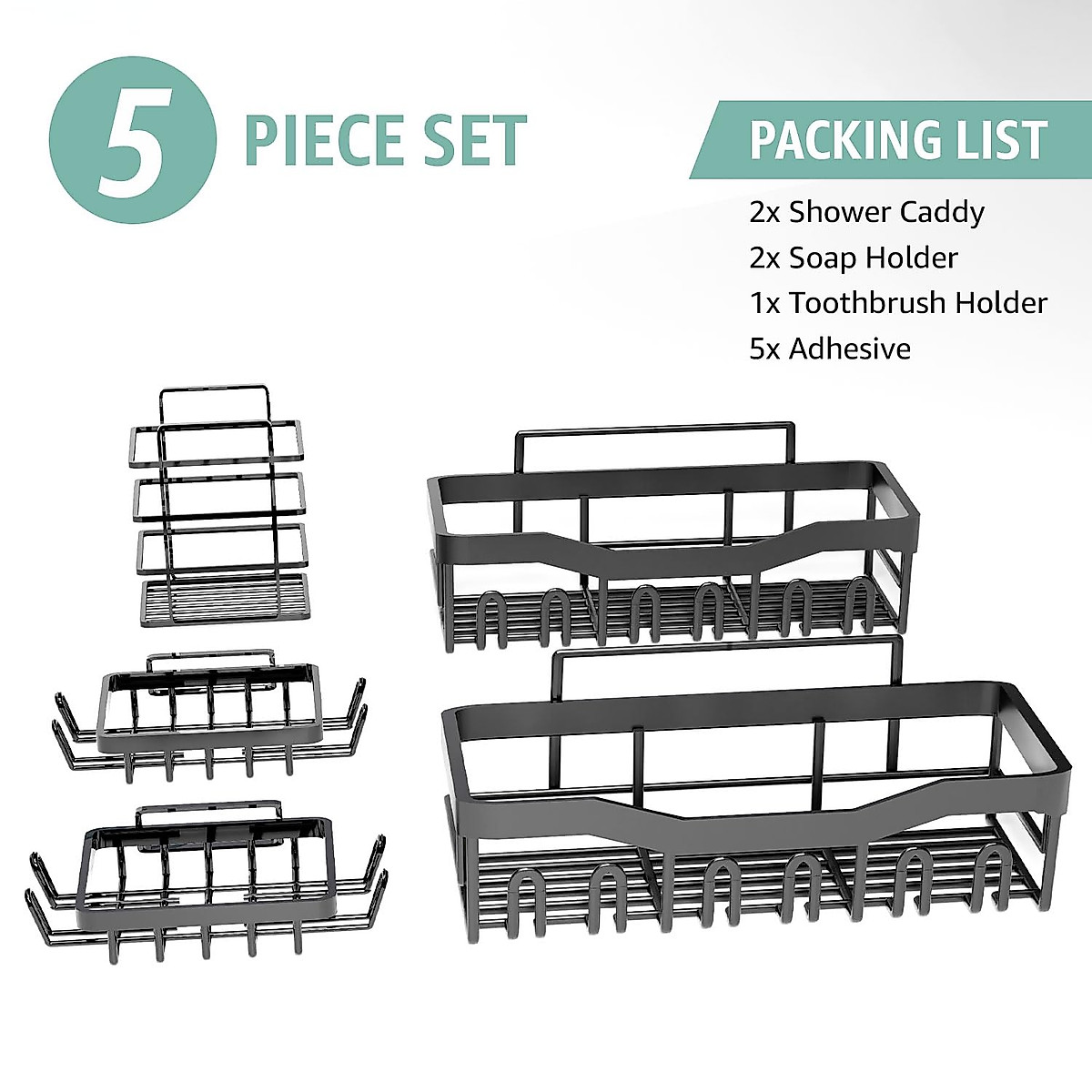 GD Adhesive Shower Caddy Bathroom Shower Organizer Storage 5 Pack Set, Adhesive Shower Organizer for Bathroom & Storage, Stainless Steel, Rustproof Stainless Steel Bathroom Organizer, No Drilling