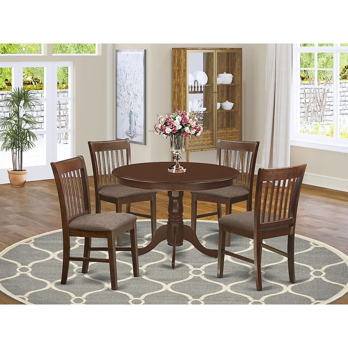 East West Furniture HLNO5-MAH-C 5 Piece Kitchen Table & Chairs Set Includes a Round Dining Room Table with Pedestal and 4 Linen Fabric Upholstered Dining Chairs, 42x42 Inch, Mahogany