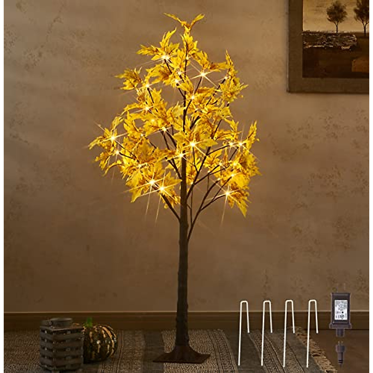 LITBLOOM Fall Tree with Lights 4FT 48 Warm White LEDs, Lighted Maple Tree Plug in for Autumn Thanksgiving Harvest Fall Decoration Indoor Outdoor