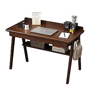 RIVINE Office Computer Desk with 2 Drawer Walnut Color Vintage Home Reading Study Desk Small Work Desk Save Space PC Writing Desk Bedroom Table(39.4in(100cm), Upgrade)