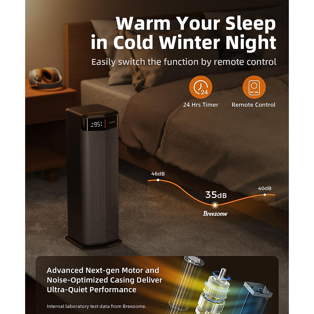 BREEZOME Space Heater for Indoor Use, 1500W Fast Heating Electric Heater with Thermostat, 90°Oscillating PTC Ceramic Heater, 24H Timer Portable Room Heater for Home Office Bedroom